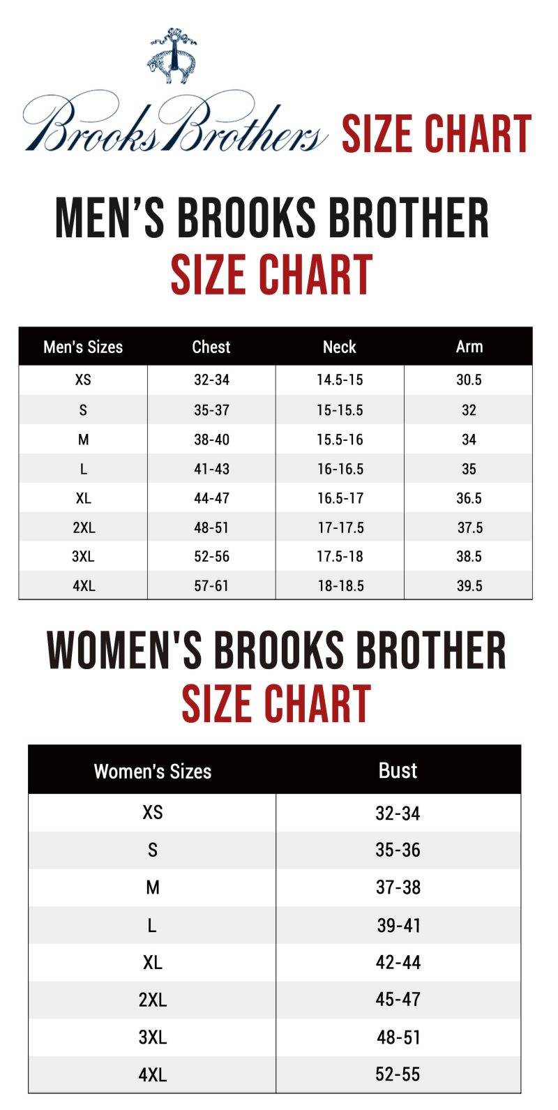 Brooks Brothers Size Chart Perfect Fit by The Apparel Factory