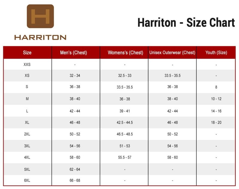Harriton Size Chart Accurate Fit for Polos and Workwear